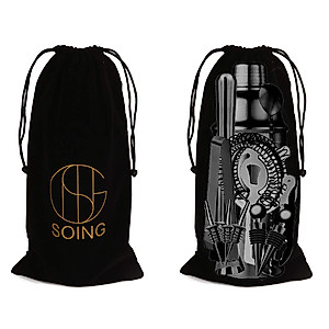 Soing Black 24-Piece Cocktail Shaker Set,Perfect Home Bartending Kit for Drink Mixing,Stainless Steel Bar Tools With Stand,Velvet Carry Bag & Recipes Included