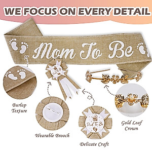 Neutral Burlap Mom to Be Sash Dad to Be Pin Baby Shower Decorations, Rustic Boho Gold Flower Crown Headband Mommy to Be Sash for Gender Reveals Party Decorations for Pregnant Keepsake Gifts