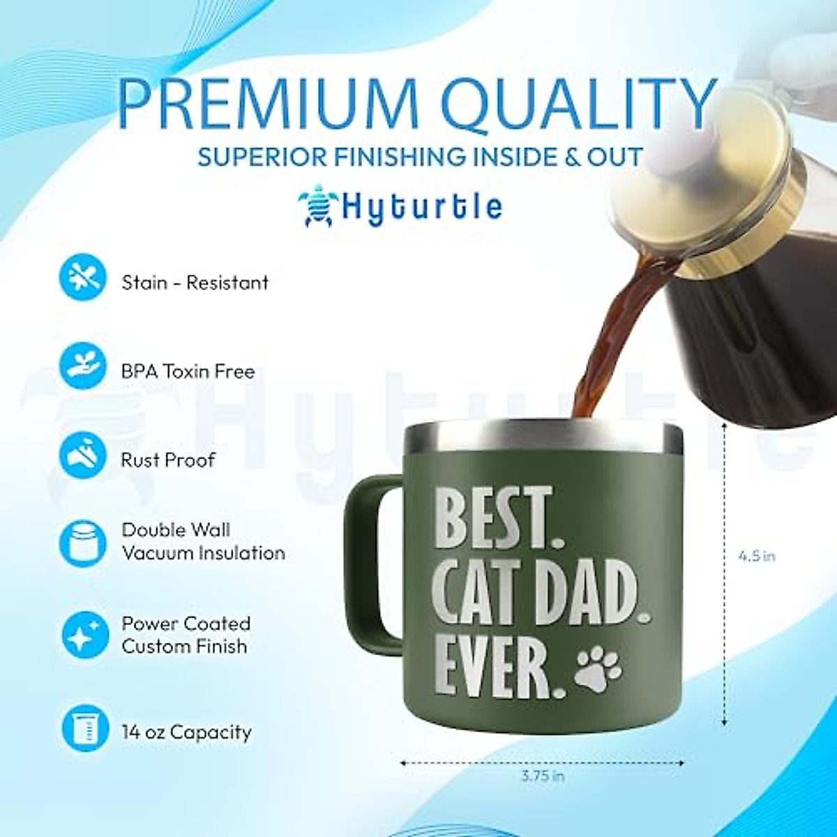 Hyturtle Best Cat Dad Ever Coffee Mug - Forest Green Tumbler 14 Oz - Gifts For Dad from Daughter Son - Birthday Gifts for Men - Fathers Day & Christmas