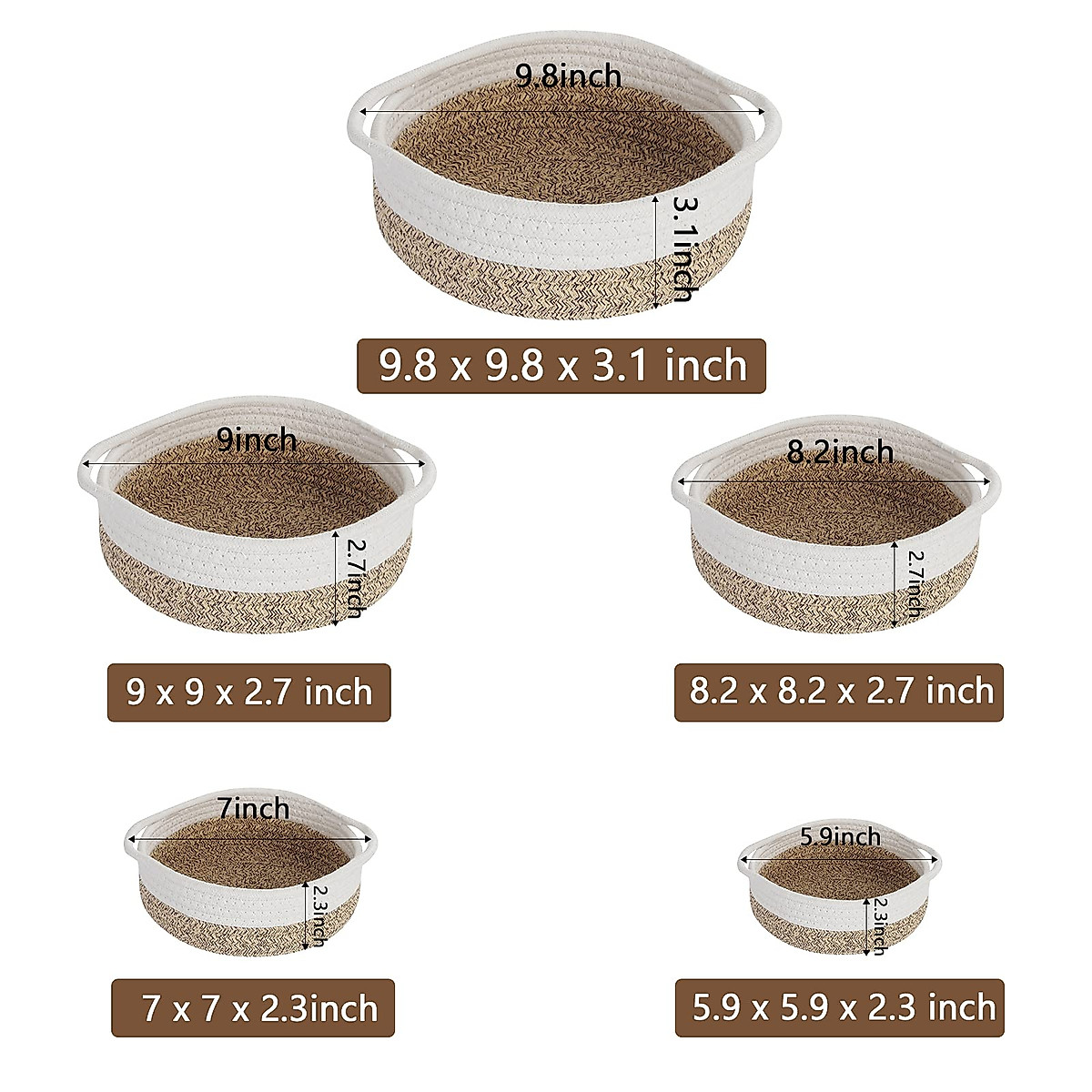 VIEIRO Storage basket set of 5 100percent cotton rope woven small baskets, household storage bins with handles, used for nursery supplies, clothes/toys/keys/books/cosmetics/woven storage basket,Brown