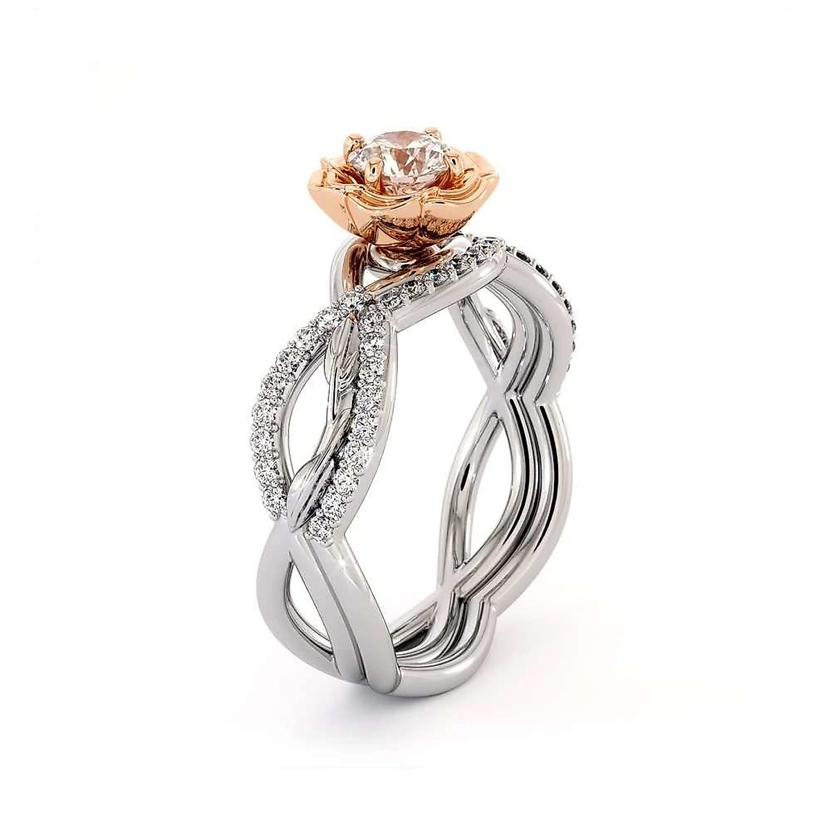 1.8 Ct Round Cut White Diamonds Flower Leaf Twisted Band Two Tone Bridal Wedding Ring Set, 925 Sterling Silver Rhodium Plated (7, Two Tone Finish)