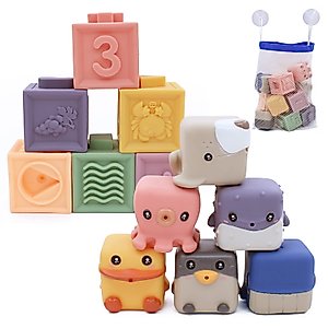 MARUMINE 12PCS Baby Soft Stacking Blocks Squeeze Teething Toys, Educational Montessori Sensory Toy for 6-12 Months Babies