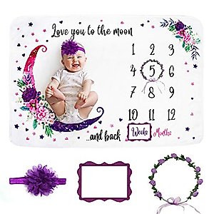 Baby Monthly Milestone Blanket Girl - Extra Soft, Large (60"X40") Thick Fleece - Baby Growth Chart Blanket - Baby Age Blanket for Photos - Baby Month Blanket - Includes Headband, Floral Wreath, Frame