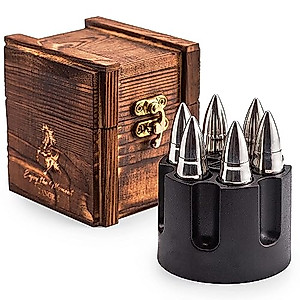 Whiskey Stones Large 6 Laser Engraved Stainless Steel Silver Bullets with Revolver Barrel Base Reusable Chilling Rocks Stone Ice Cubes Chillers Birth Day Gift Set for Father's Day, Military Man