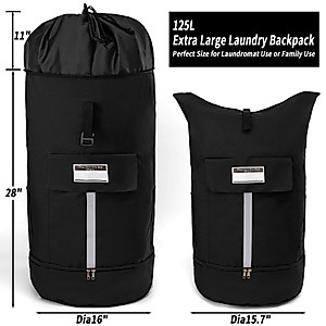 LUCKIPLUS Backpack Laundry Bag, Extra Large Laundry Hamper Bag with Shoe Compartment & 3 Pockets Black Sturdy Hanging Laundry Travel Bag with Straps College Dorm Room Essentials for Camp Apartment