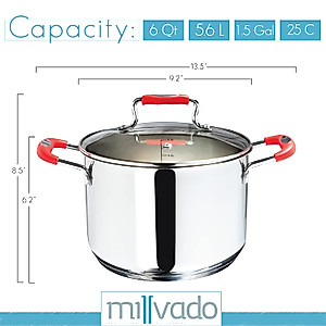 Millvado Stock Pot, 6 Quart Stainless Steel Pot, StockPot With Clear Glass Lid, Steam Hole, Permanent Measurement Markings, Gas, Electric and Induction Compatible Boiling Pot
