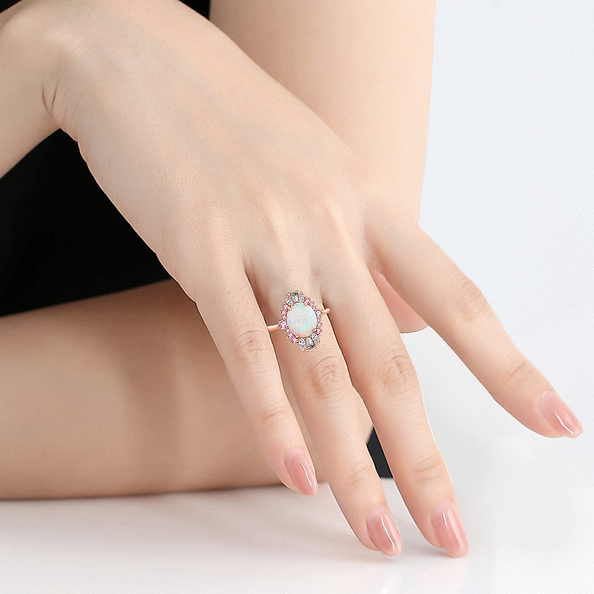 LAZLUVU White Opal Ring Oval Cut Created Opal Solitaire Engagement Wedding Rings with Cubic Zirconia Promise Ring Jewelry For Women