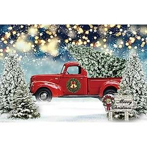 7x5FT Christmas Winter Backdrop Vintage Red Truck with Tree Winter Snowy Forest Tree Background Gold Glitter Dot Decoration Xmas Winter Holiday Family Kids Portraits Backdrops Photobooth Props