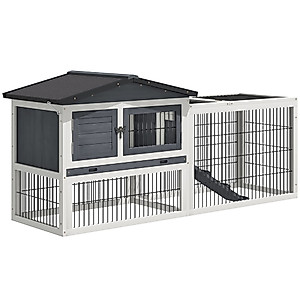 PawHut Rabbit Hutch, 2 Story Outdoor Bunny Cage with Slide-Out Tray, Run Cage, Openable Top for Rabbits, Guinea Pig, Dark Gray