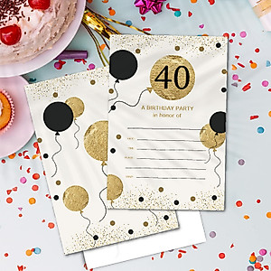 VNWEK 40th Birthday Party Invitations With Envelopes,Black and Gold Balloons Double-sided Printed Birthday Invitation Invite Cards for Women Men,40 Year Old Birthday Invites(20 Sets)