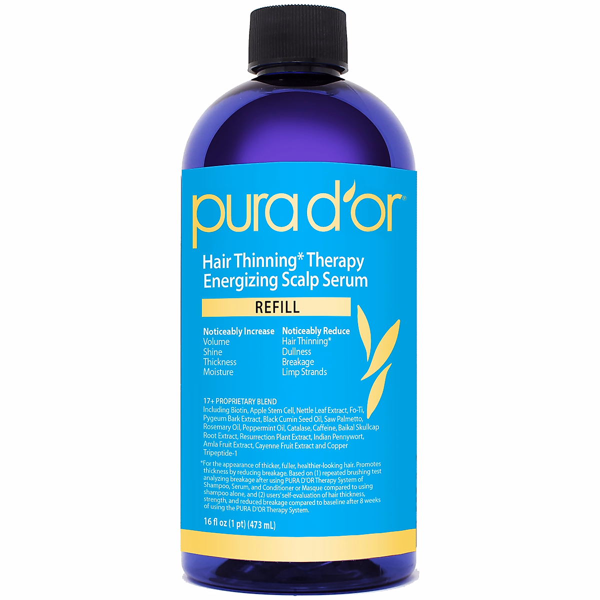 PURA D'OR 16 Oz Hair Thinning Therapy Energizing Scalp Serum Revitalizer - Large Refill Bottle - Argan Oil, Biotin, Caffeine, Stem Cell, Catalase & DHT Blockers, All Hair Types, Men & Women