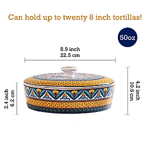 Bico Havana Ceramic 8.8 inch Tortilla Warmer, Tortilla Server with Lid, Taco Holder for Mexican Fiesta Party, Taco Tuesday, Microwave and Dishwasher Safe