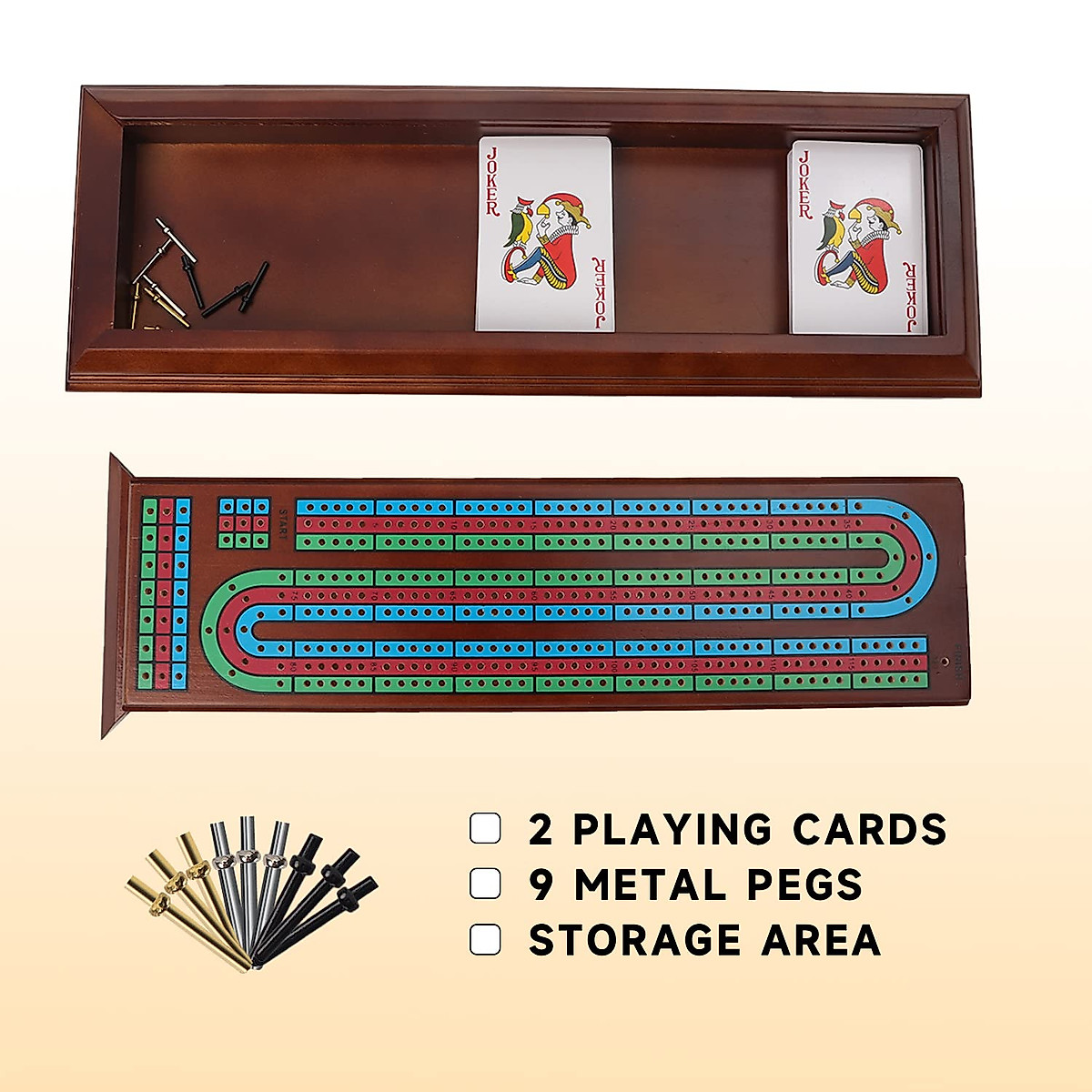 GSE Games & Sports Expert Multi-Color 3-Track Wooden Cribbage Board Game Box with 2 Deck Playing Cards, 9 Metal Pegs and Storage Drawer, Three-Track Cribbage Board with Large Storage