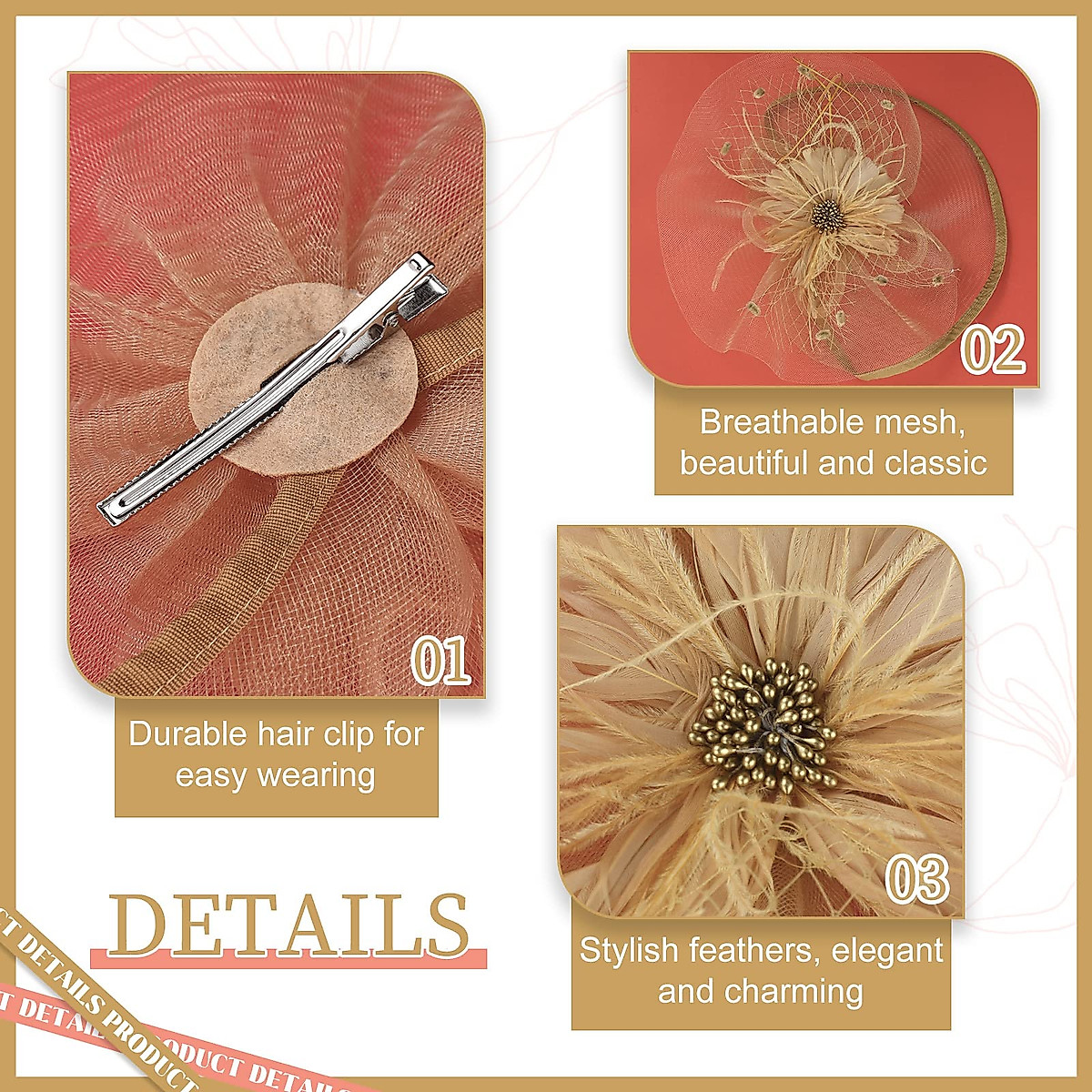 3 Pieces Fascinators Hats for Women Tea Party Hat Feathers Veil Mesh Hat Lace Gloves Pearl Choker Necklace Set for Wedding (Gold)