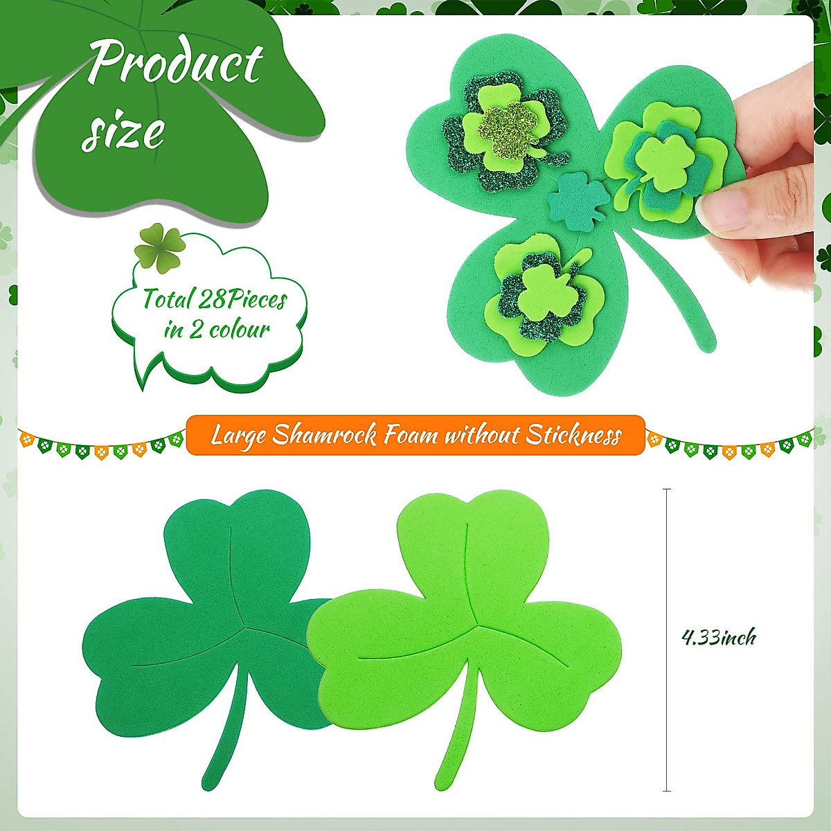 428 Pieces St. Patrick's Day Craft Shamrock Foam Stickers Supplies Glitter Shamrocks Stickers Self Adhesive Foam Clover Stickers for DIY Kids Toddlers Adults Party Favors