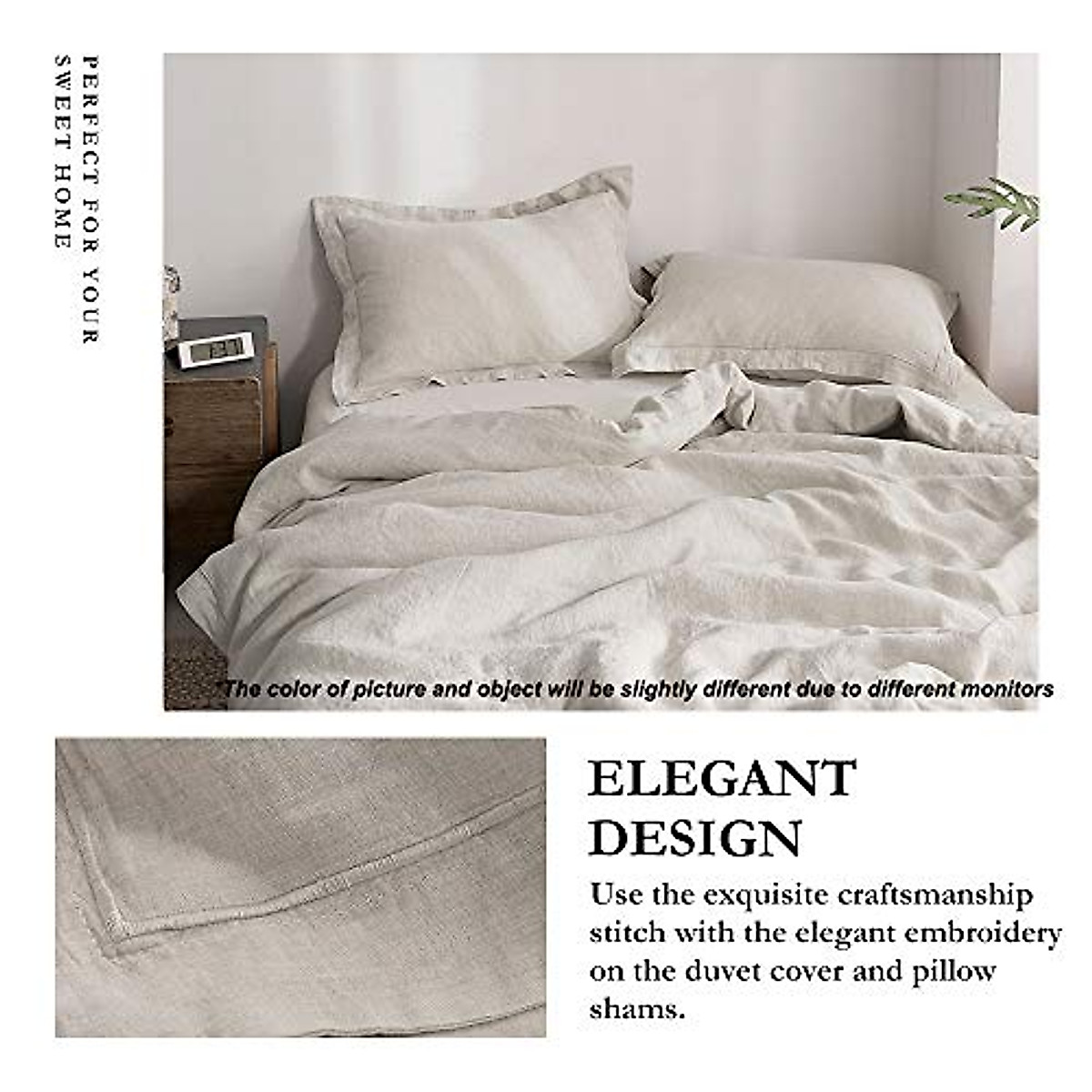 Simple&Opulence 100% Linen Duvet Cover Set with Embroidery Washed - 3 Pieces (1 Duvet Cover with 2 Pillow Shams) with Button Closure Soft Breathable Farmhouse - Linen, King Size