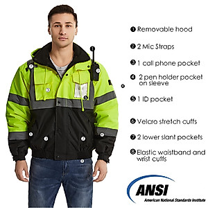 SKSAFETY High Visibility Reflective Jackets for Men, Waterproof Class 3 Safety Jacket with Pockets, Hi Vis Yellow Coats with Black Bottom, Mens Work Construction Coats for Cold Weather, XL, 1 Pack