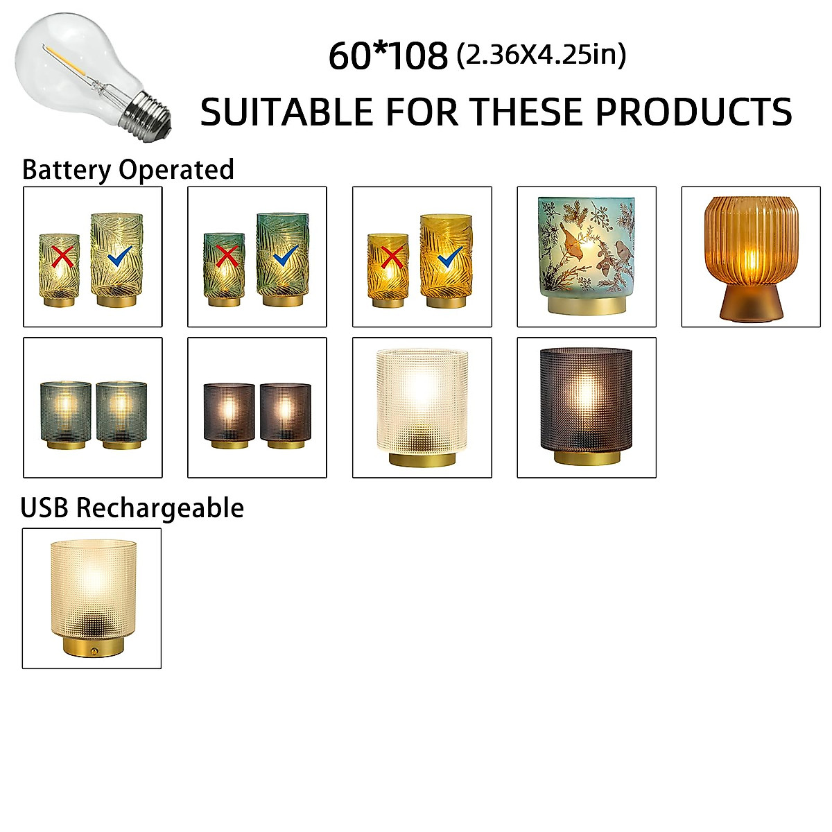 MJ PREMIER LED Light Bulb E27 Base Replacement Bulbs 3V Customized Special Table Lamp Battery Operated Warm White Light(60 * 108)