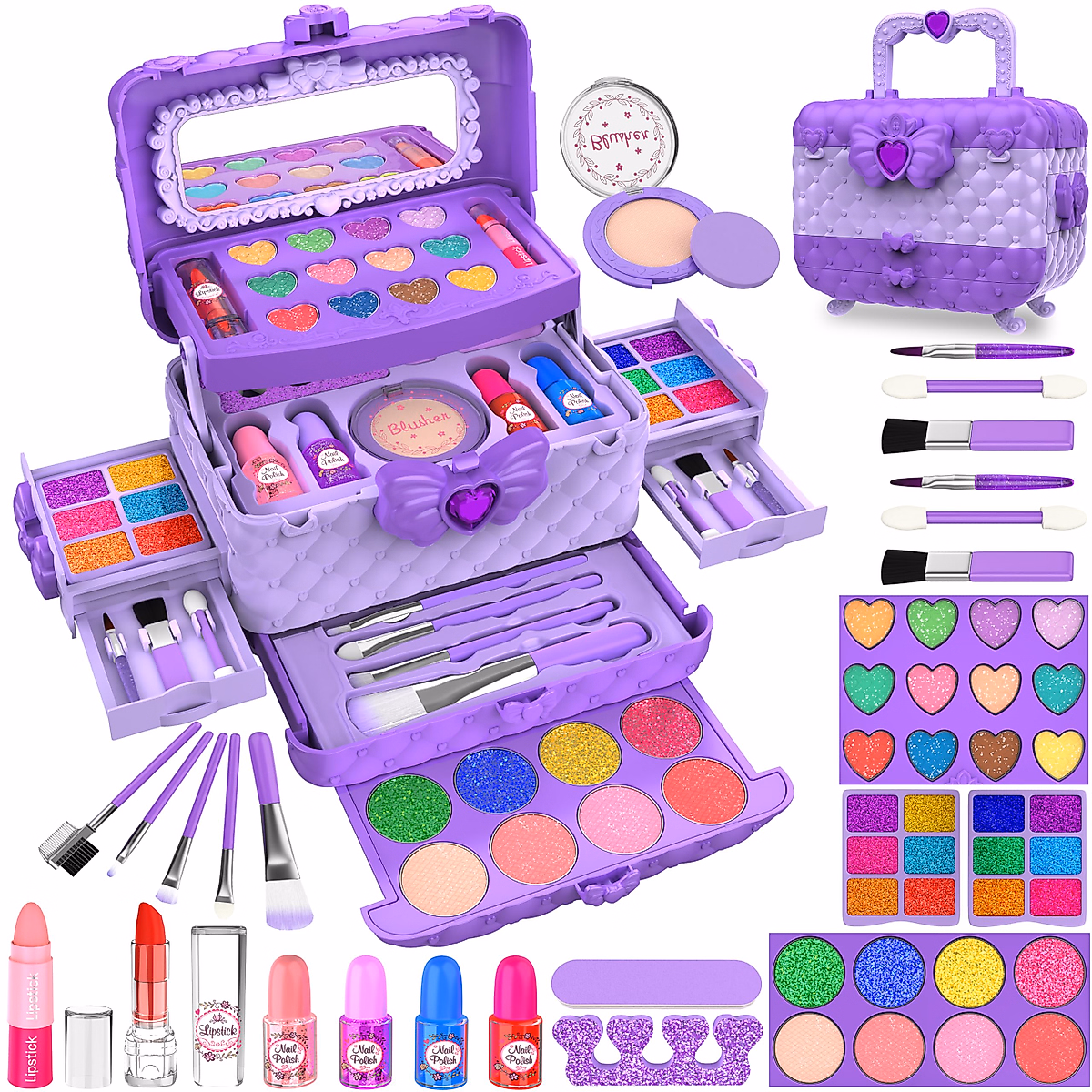 54 Pcs Kids Makeup Kit for Girls, Princess Real Washable Pretend Play Cosmetic Set Toys with Mirror, Non-Toxic & Safe, Birthday Gifts for 3 4 5 6 7 8 9 10 Years Old Girls Kids (Purple)