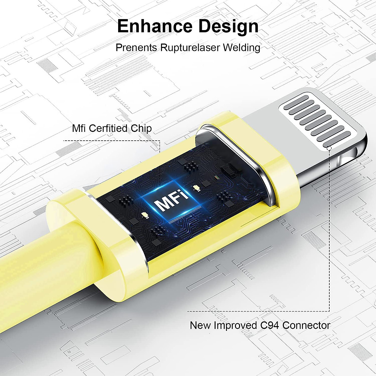 FGUIME 4Pack Long iPhone Charger Cord 10 ft, [Mfi Certified] Charging Cable, Lightning Cable to USB Compatible with iPhone 14 13 12 11 Pro Max XR XS X 8 7 6 Plus SE 5S iPad and More - Yellow
