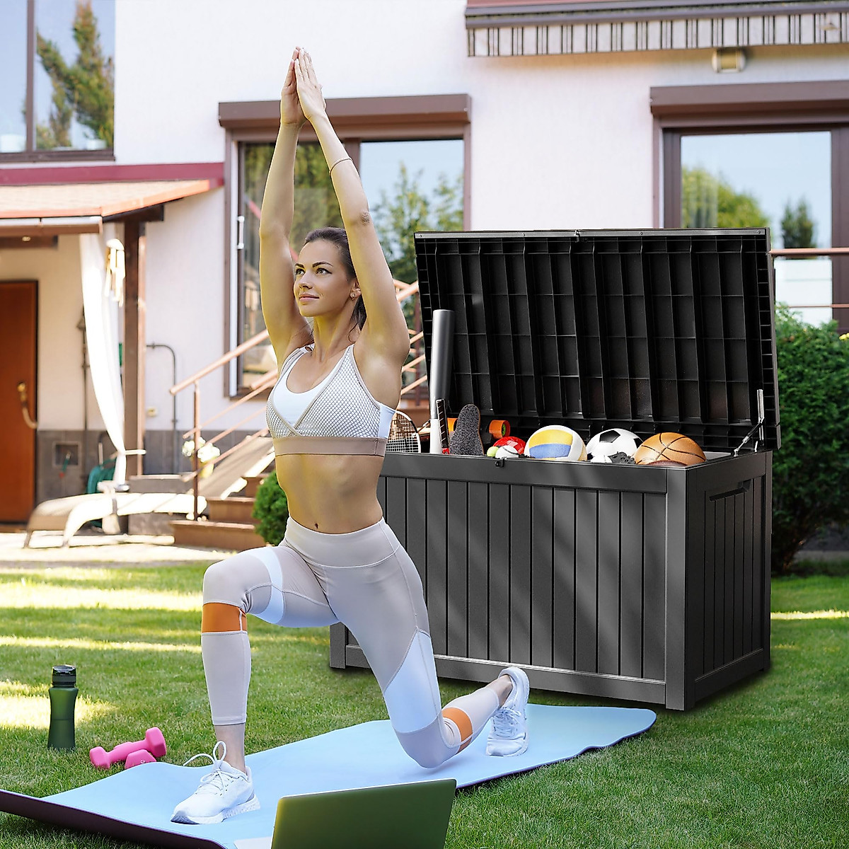 DRATO 230 Gallon Deck Box, Waterproof Resin Large Outdoor Storgae Box for Patio Furniture, Patio Cushions, Gardening Tools, Pool and Sports Supplies, Lockable (Black)