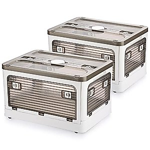 BTSKY 2 Pack Clear Plastic 4 Doors Collapsible Storage Bins with Lid & Wheels 20 L Foldable Lidded Storage Box Multifunctional Stackable Folding Organizer Cube for Camping Clothes Toys Snacks Storage Box Container (White)