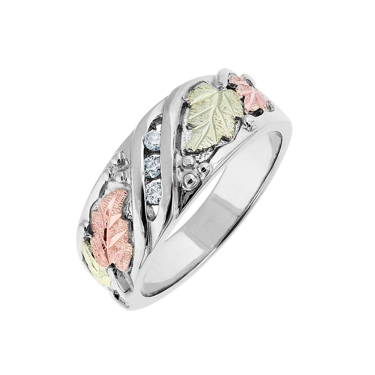 10k White Gold Diamond 7.24mm Wedding Ring, 12k Rose and Green Black Hills Gold Size 7.5