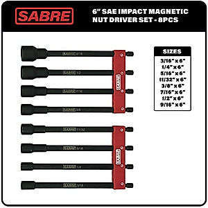 Sabre Tools 8 Piece SAE Impact Magnetic Nut Driver Set – 6 Inch Length, 1/4 Inch Hex Shank, Magnetic Socket Tip (8 Piece SAE Set)