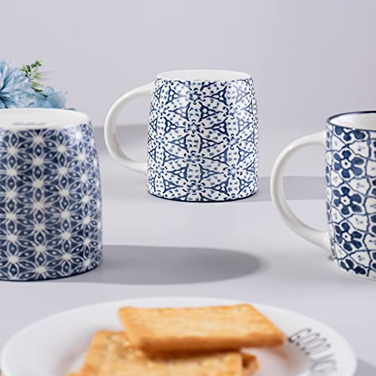 Set of 4 12 oz Coffee Mugs with Blue and White Geometric Patterns, Ceramic Tea Cup Set, Gift for Friends (Set 1)