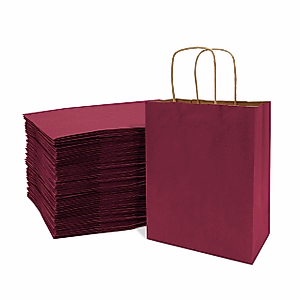 Prime Line Packaging 8x4x10 100 Pack Small Pink Bags with Handles, Kraft Paper Gift Bags, Burgundy Shopping Bags for Small Business Thank You & Goody Bags Bulk