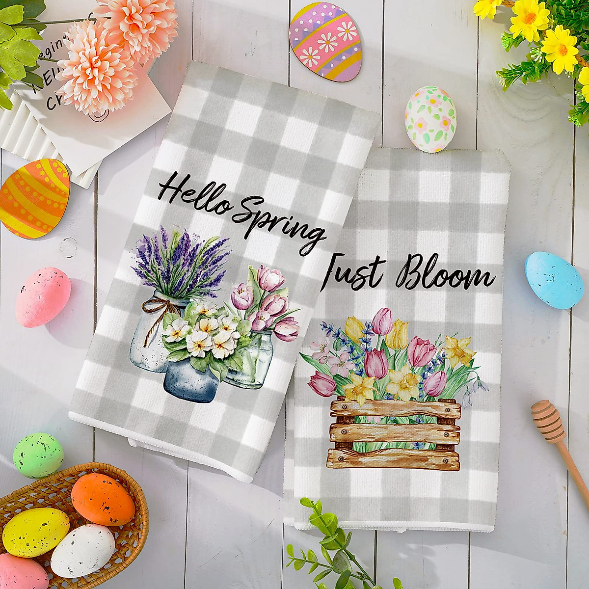 AnyDesign Hello Spring Kitchen Towels Spring Floral Blossoms Dish Towel 18 x 28 Inch Gray White Buffalo Plaids Flower Hand Drying Tea Towel for Cooking Baking Cleaning Wipes, Set of 2