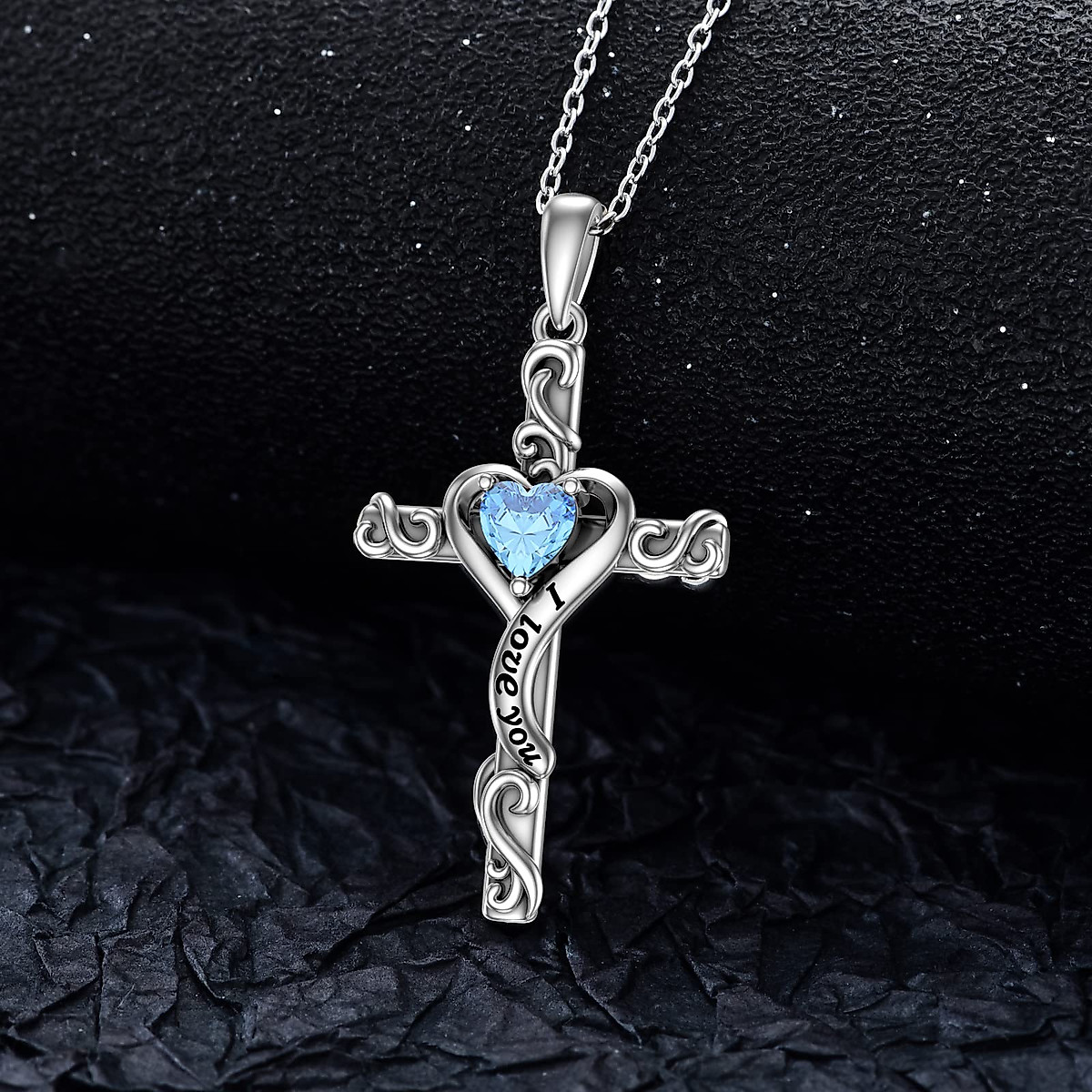 TOUPOP Aquamarine Cross Necklace for Women 925 Sterling Silver Birthstone Cross Pendant Necklace Heart Love March Birthstone Jewelry for Her Wife Girlfriend Birthday Anniversary Christmas Gifts