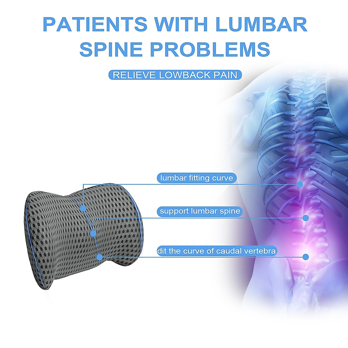 sproerden Lumbar Support Pillow, Ergonomic - Memory Foam Lumbar Support Pillow for Lower Back Pain Relief for Car Seats, Office Chairs, Gaming Consoles, Sofas, Recliners and Beds (Gray)