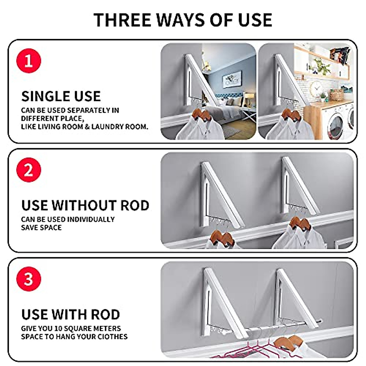Dr.DJ Retractable Clothes Rack-Laundry Room Drying Rack Wall Mounted Clothes Hanger Foldable, Wall Mount, Folding Clohes Wall Hanger Home Storage Organizer, Aluminium, 2 Racks with Rod (Silver)