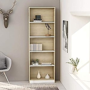 Modern Style,5-Tier Bookshelf,bookcase,Storage Shelf,Display Rack,shelving unit,for Living Room,Bedroom,Dining room,Kitchen,Study,Hallway,Bathroom,White and Sonoma Oak 23.6"x9.4"x68.9" Chipboard
