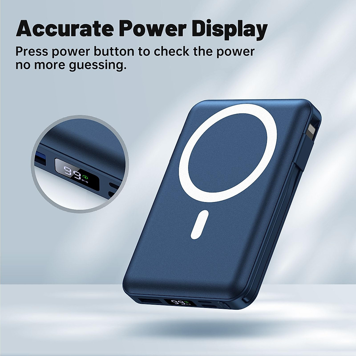 Yiisonger Magnetic Wireless Power Bank - 10000mAh Portable Charger 22.5W PD Fast Charging with Built-in Cables LED Display, Slim Magnetic Battery Pack for iPhone 15/14/13/12/Pro/Mini/Pro Max (Blue)