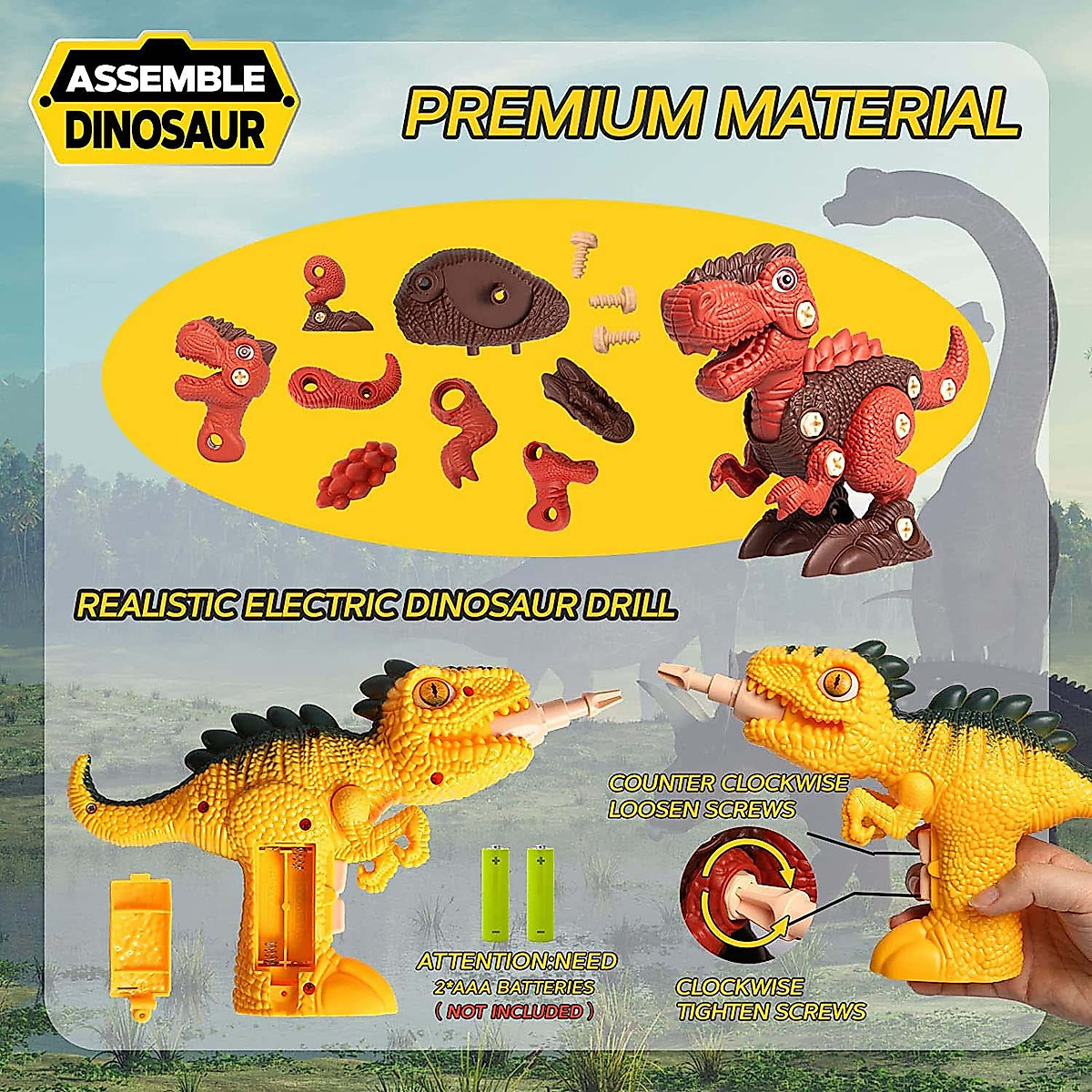 HB Direct Educational Take Apart Dinosaur Toys w/Dino Electric Drill for Ages 3-7, Construction Dinosaur Building Toy, Dinosaur Screwdriver Toy with Drill for Kids, Build a Dinosaur Take Apart Toys