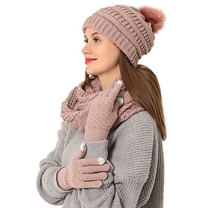 Double Couple 3pcs Winter Beanie Hat Scarf and Touch Screen Gloves Set for Women Knit Hat with Faux Fur Ball Scarves Glove Pink