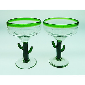 WSLHFEO Margarita Saguaro Cactus Green Rim Hand Blown Set of 4.