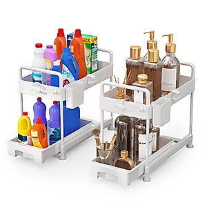 Vantency 2 Pack Under Sink Organizer, 2 Tier Sliding Under Kitchen Cabinet Storage Drawer with Hooks, Hanging Cup, Dividers, Handles and Anti-Slip Foot Mats (2PC-White)
