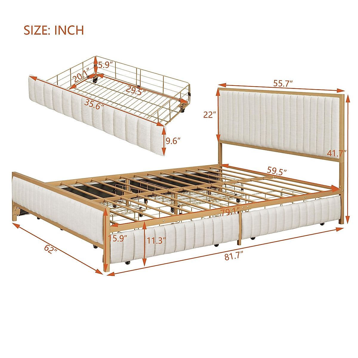 SIYSNKSI Queen Size Metal Frame Upholstered Bed with 4 Drawers, Linen Fabric Platform Bed with Metal Slats Support and Headboard, Storage Platform Bed for Kids Teens Bedroom (Beige + Linen-39)