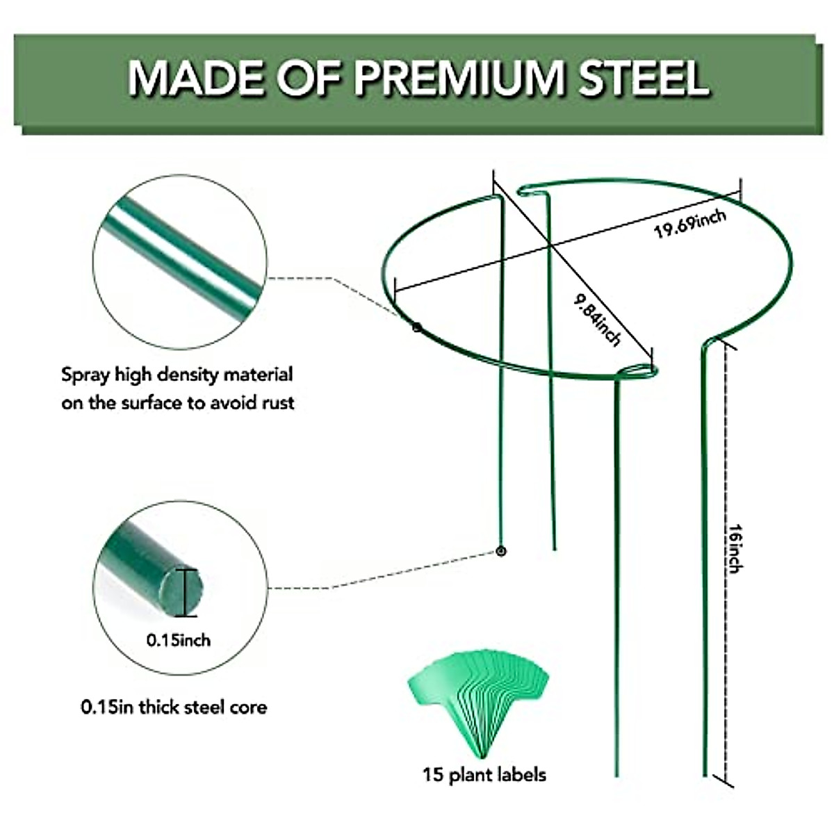 Joyhalo 12 Pack Plant Stakes for Outdoor Plants, 16 Inch Plant Support Stakes, Peony Supports for Outdoor Plants, Peony Cage with 15 Pcs Plant Labels, Flower Stakes Peonies Support Cages for Plants