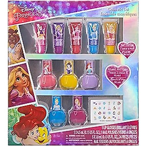 Townley Girl Disney Princess Sparkly Cosmetic Makeup Set for Girls with Lip Gloss Nail Polish Nail Stickers - 11 Pcs|Perfect for Parties Sleepovers Makeovers Birthday Gift for Girls 3+
