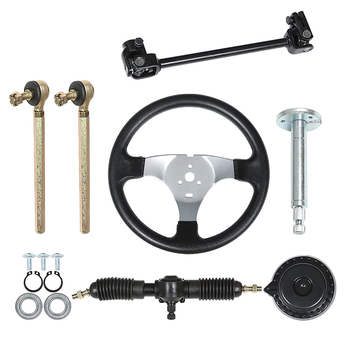 Silscvtt Go Kart Steering Kit 300mm Steel Steering Wheel & Steering Rack & Steering Shaft &Tie Rod Replacement for Go Kart ATV Buggy Quad 110cc 125cc 140cc 150cc