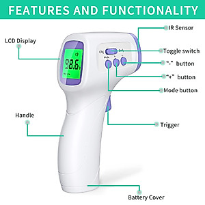 Thermometer for Adults and Kids Forehead Thermometer for Kids Digital Touchless Thermometer Infrared Forehead Thermometer with 3 in 1 LCD Display Fever Alarm and Memory Function