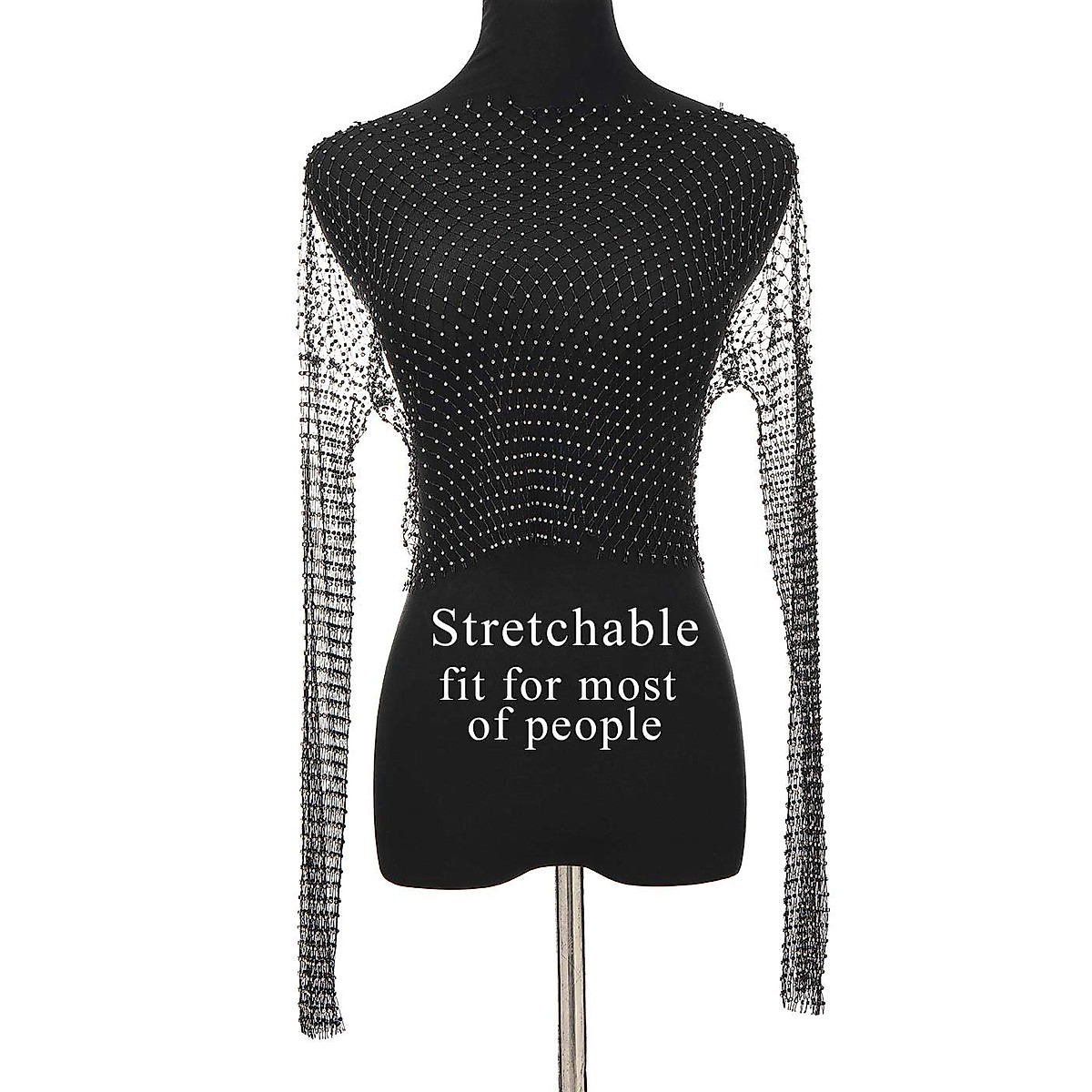 Bodiy Boho Mesh Rhinestones Body Chain Black Sexy Long Sleeve Hollow out Fishnet Crop Top Bkini Chain Jewelry Accessoires for Women and Girls