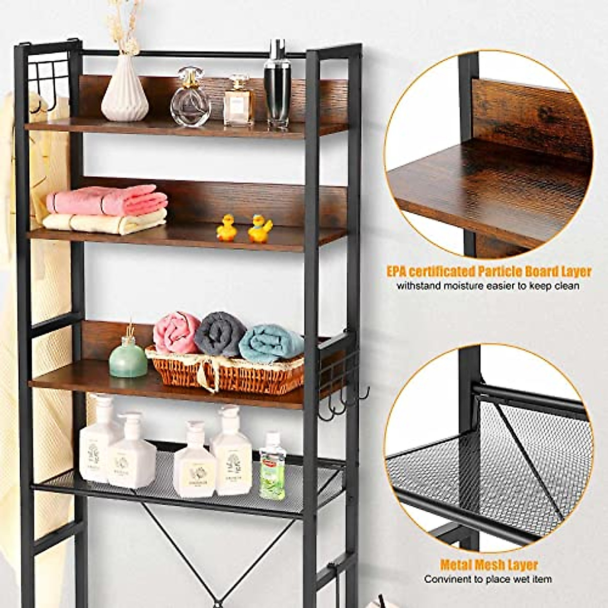 Devo Over The Toilet Storage, 4-Tier Bathroom Organizer, Wooden Bathroom Storage Shelf, with 8 Hooks and Toilet Paper Hook for Laundry, Balcony, Porch, Kitchen (Rustic Brown 2)