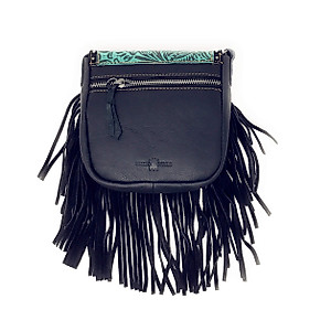 Western Genuine Leather Floral Tooled Fringe Womens Crossbody Bag 3 Color (Turquoise/Black)