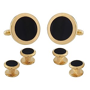 Mens Round Black Onyx Gold Cufflinks Studs Tuxedo Formal Set with Presentation Box