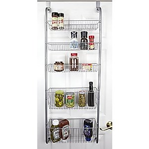 5 Tier Over The Door Pantry Organizer (Silver), By Home Basics | Metal Pantry Door Rack | Hanging Pantry Organizer For Condiments, Spices, Snacks, and Canned Goods